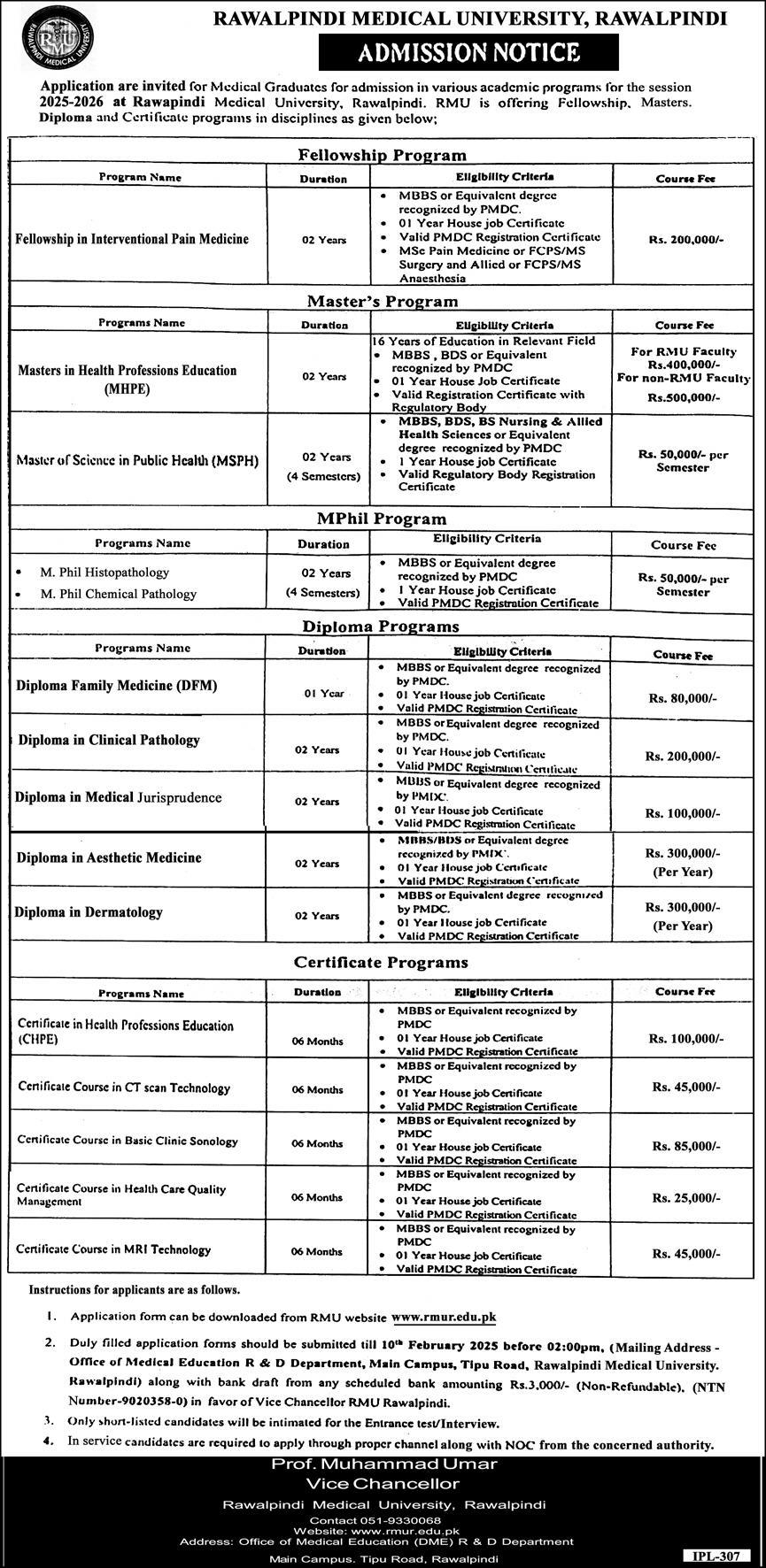 Admission Notice for Various Academic Programs at RMU Session 2025 ...