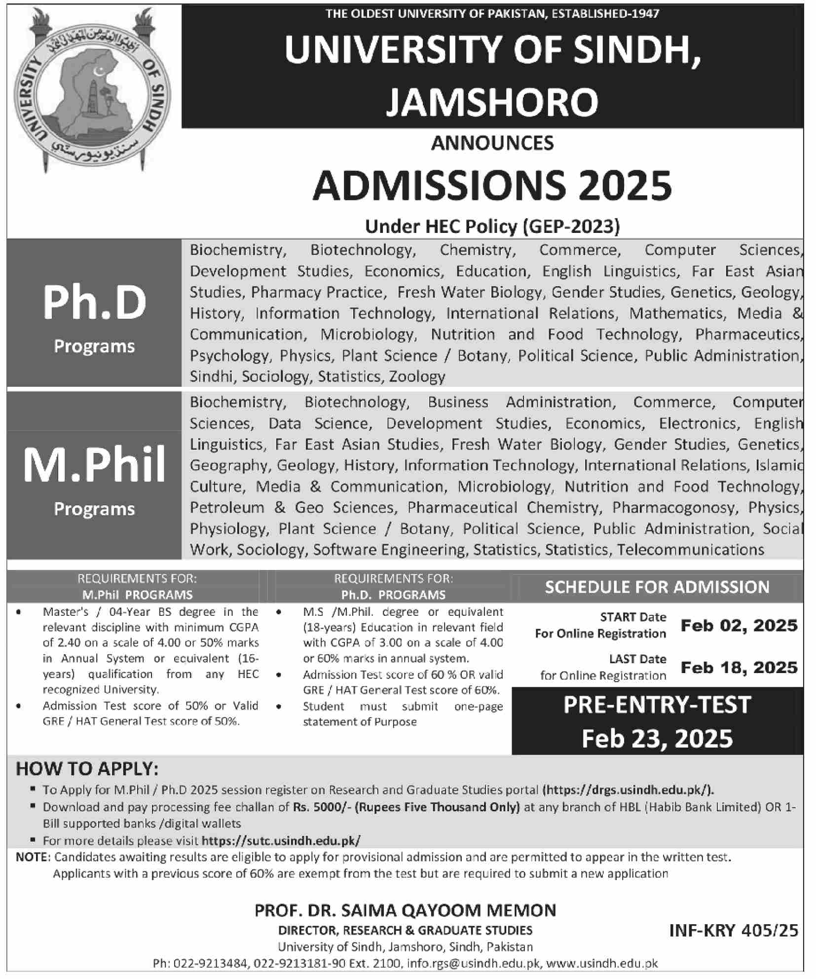 USindh Admissions Open for PhD and MPhil Programs Session 2025 Result.pk