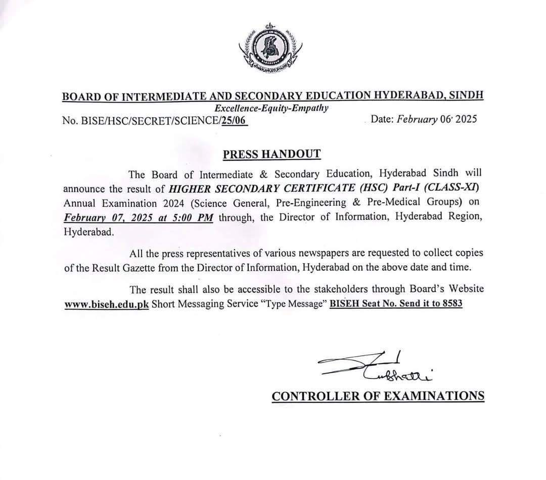 BISE Hydeabad 11th Class Annual Exams 2024 Result Result.pk