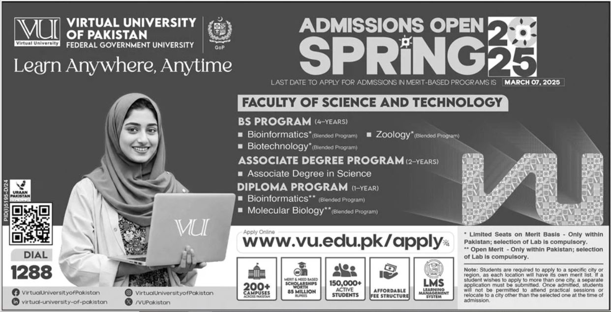 VU Admissions Open for Undergradate & Diploma Programs 2025 Result.pk