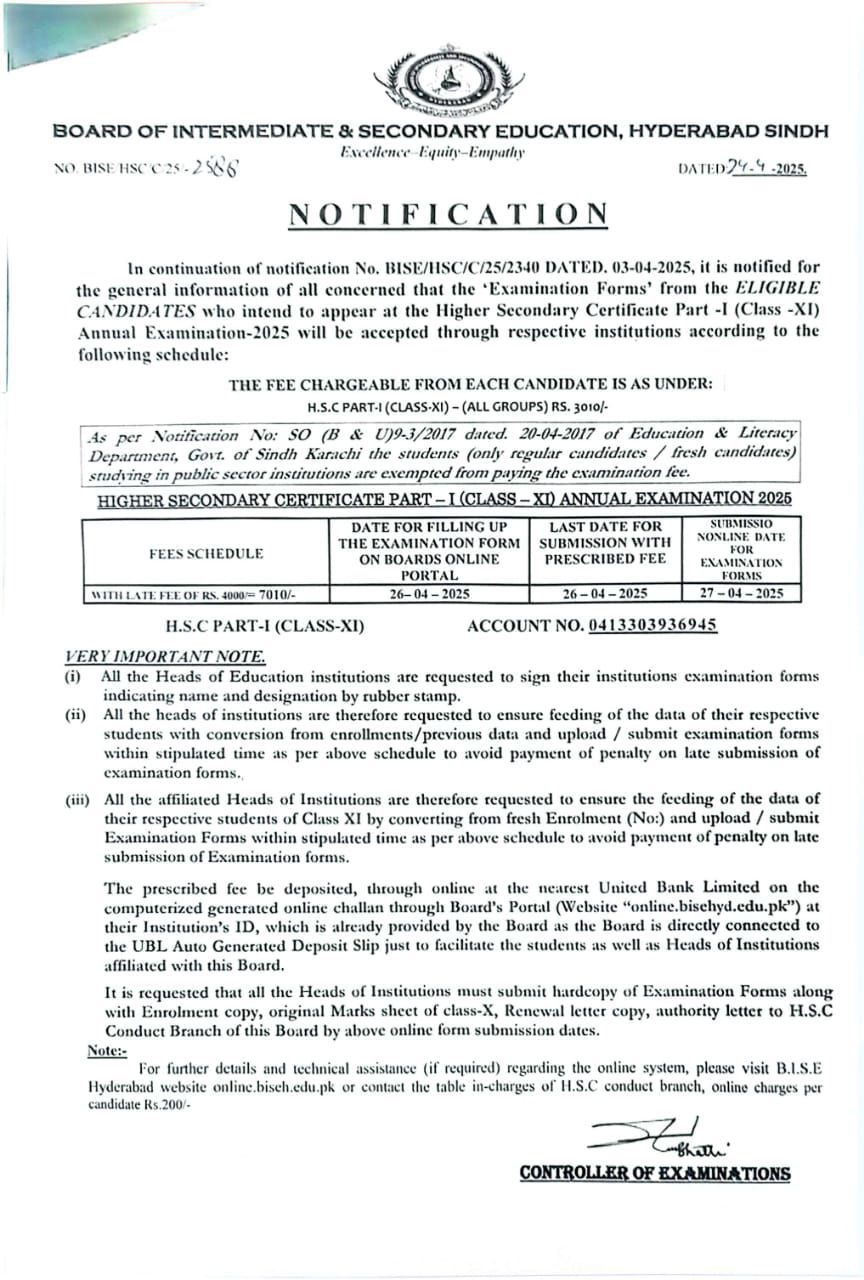 BISE Hyderabad HSC Annual Exams 2025 Forms Schedule Result.pk