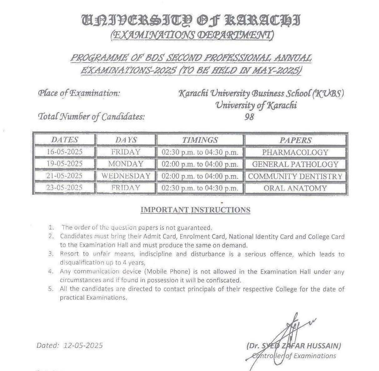 UoK BDS 2nd Professional Annual Exams 2025 Date Sheet Result.pk