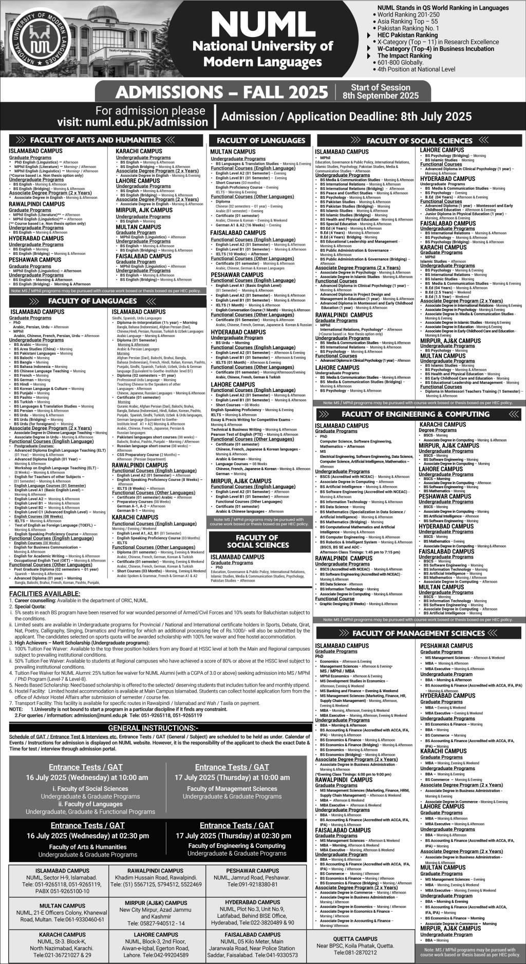 NUML Admissions 2025 Graduate Degree Programs Result.pk
