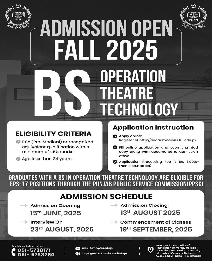 FUI Admissions 2025 Bachelor of Science in Operation Theatre Technology Result.pk