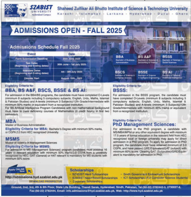 SZABIST Admissions 2025 Undergraduate Programs Result.pk