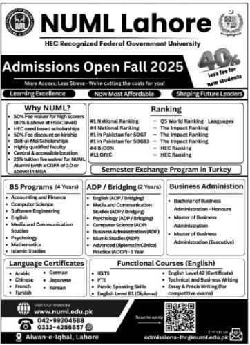 NUML Admissions 2025 Business & Management Programs Result.pk