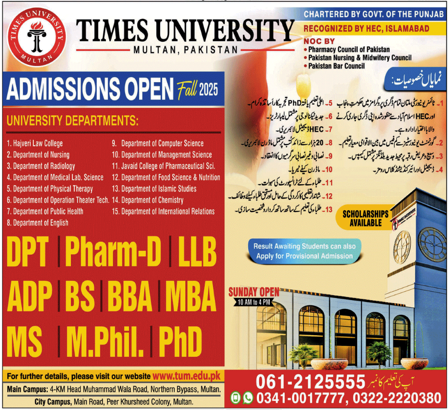 Times University Multan Admissions 2025 M.Phil Degree Programs Result.pk