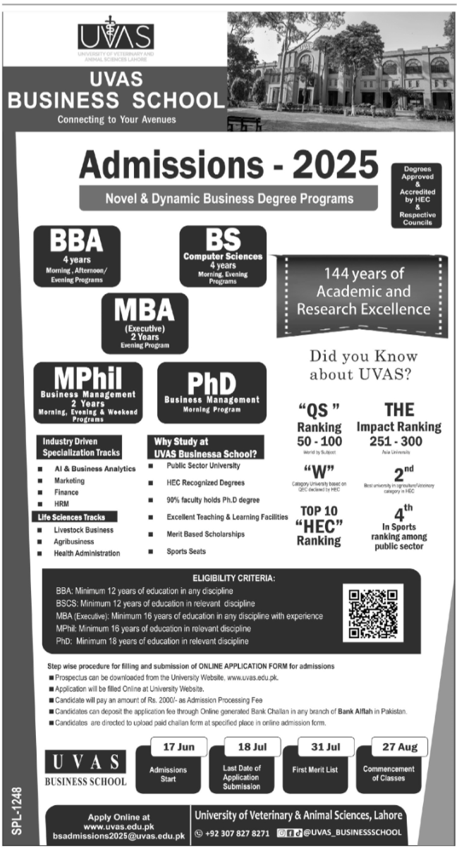 UVAS Admissions 2025 undergraduate Programs Result.pk