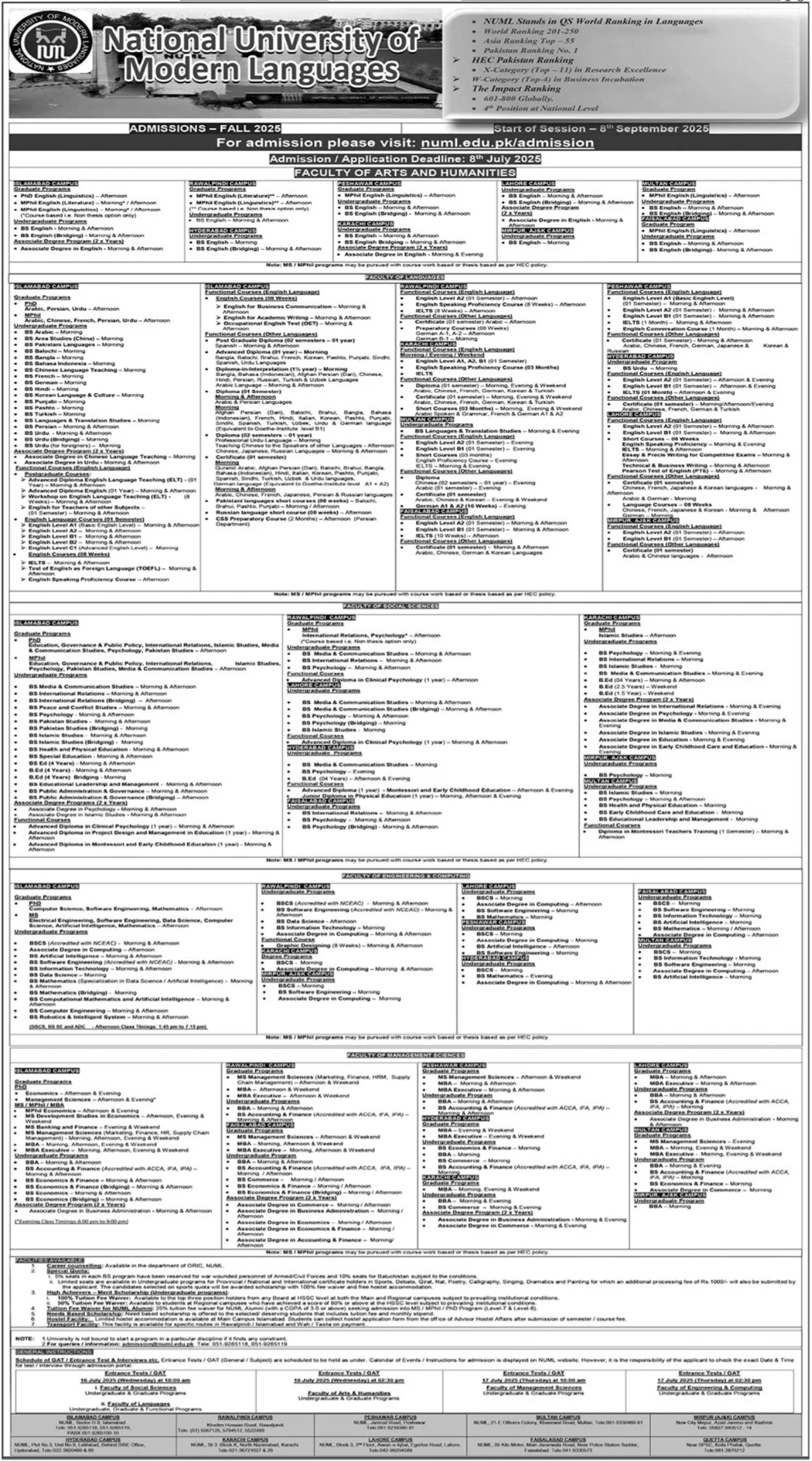 NUML Admissions 2025 Undergraduate Degree Programs Result.pk