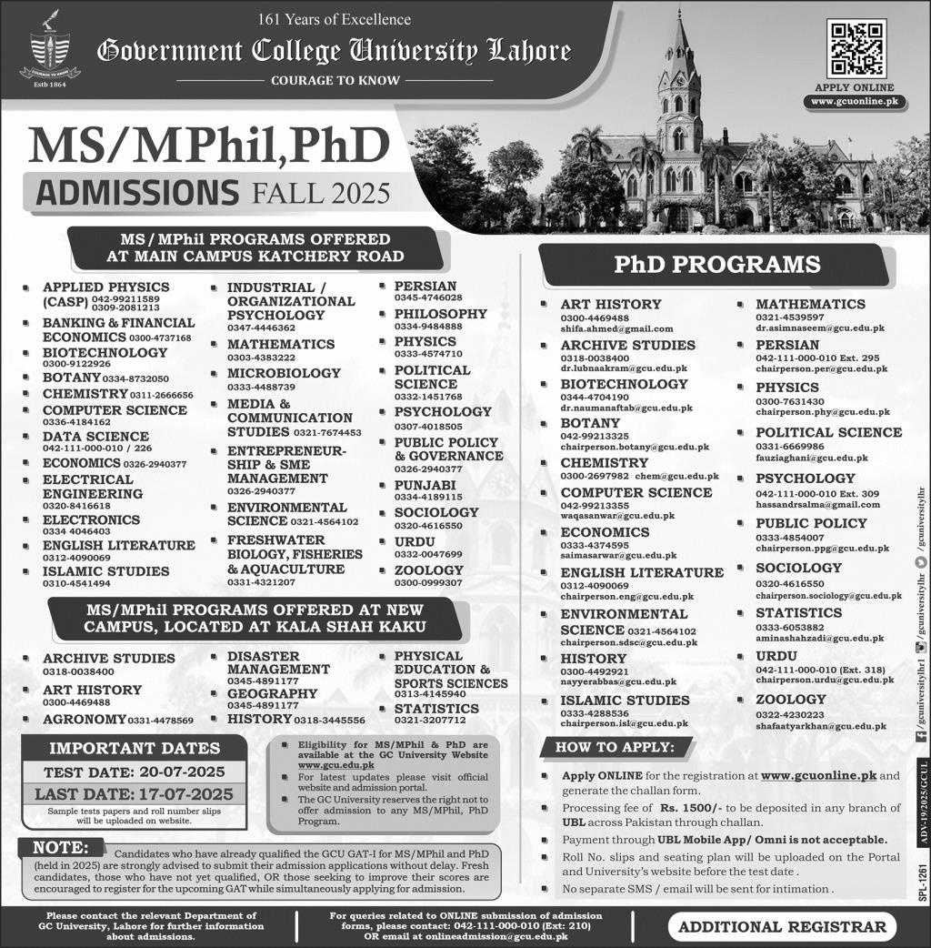 GCU Admissions 2025 M.Phil Programs Result.pk
