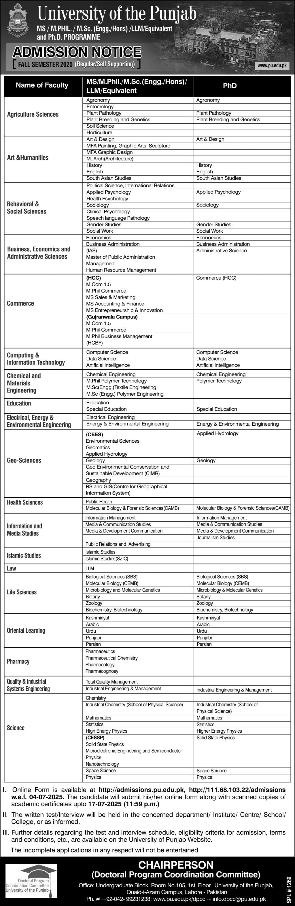 PU Admissions 2025 M.Phil Programs Result.pk