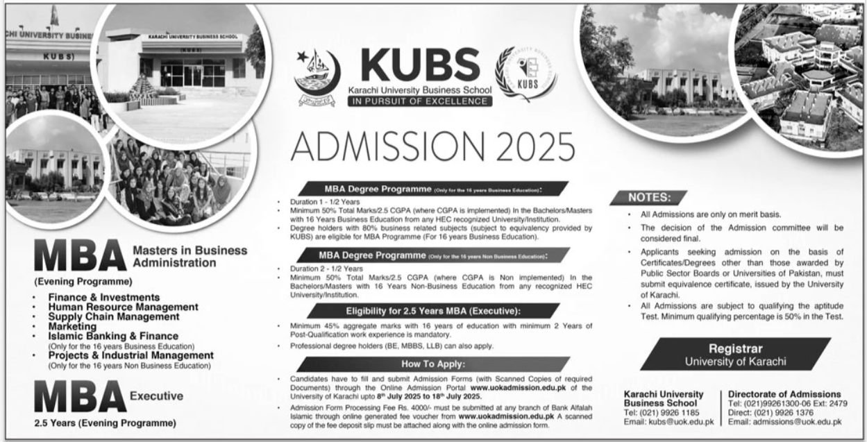 KUBS Admissions 2025 MBA Programs Result.pk