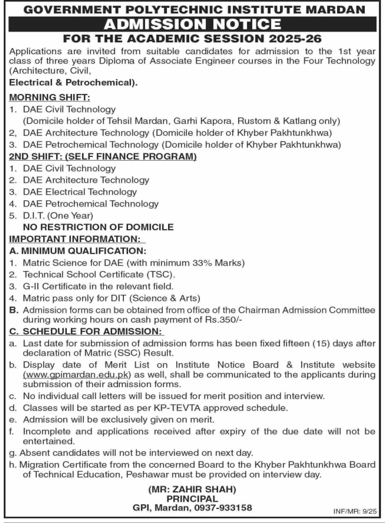 Government Polytechnic Institute Admissions 2025 DAE Result.pk