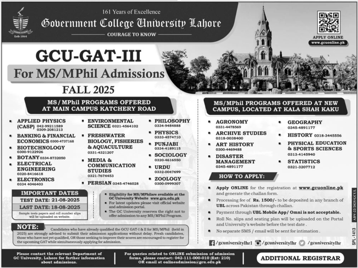 GCU Admissions 2025 M.Phil Programs Result.pk