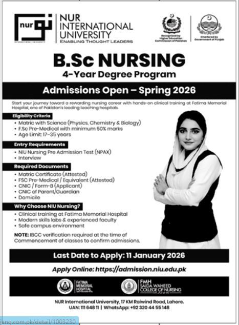 NIU Admissions 2025 4-Year B.Sc Nursing Degree Program Result.pk