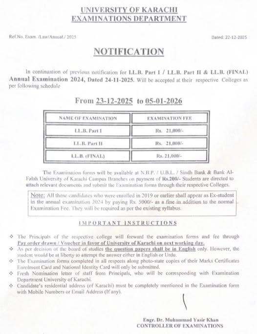 University of Karachi LLB Exam 2024 Form Fee Schedule Result.pk