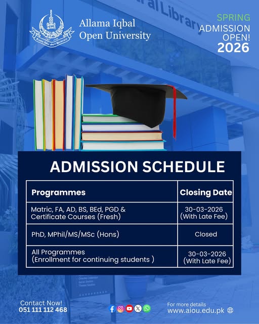 AIOU Spring 2026 Admissions Now Open for Multiple Programs Result.pk