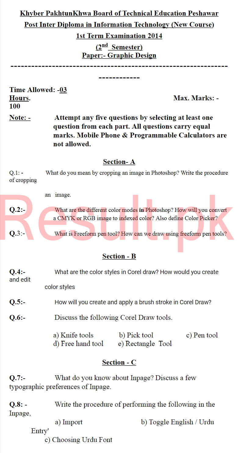 KPK Board of Technical Education Peshawar Past Papers 2025, kpbte Past ...