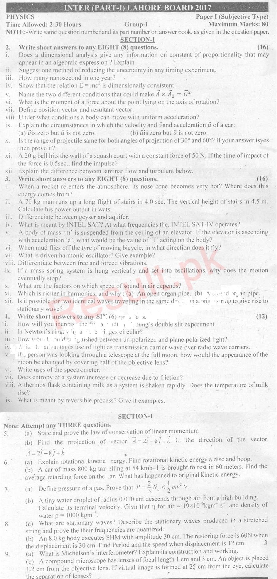 BISE Lahore Board Past Papers 2021 Inter Part 1 2, FA, HSSC, FSC ...