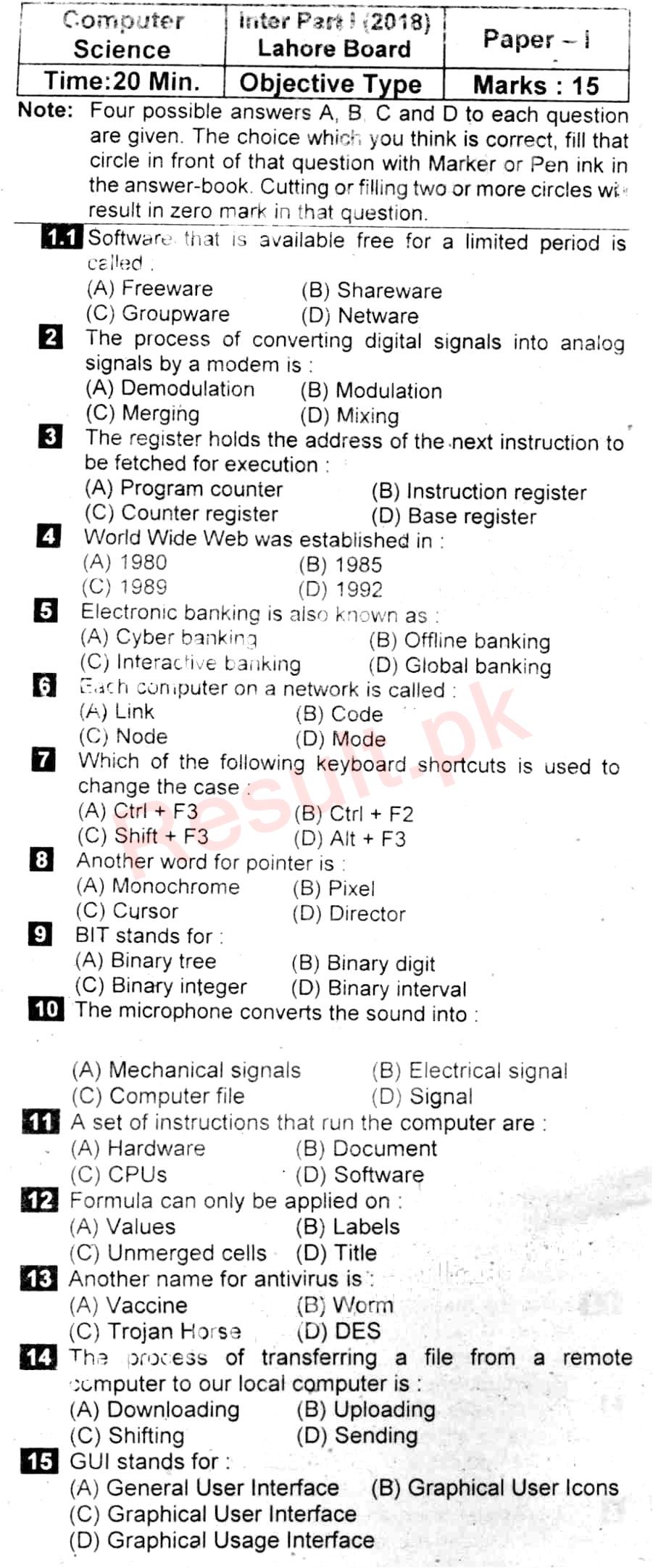 BISE Lahore Board Past Papers 2023 Inter Part 1 2, FA, HSSC, FSC ...