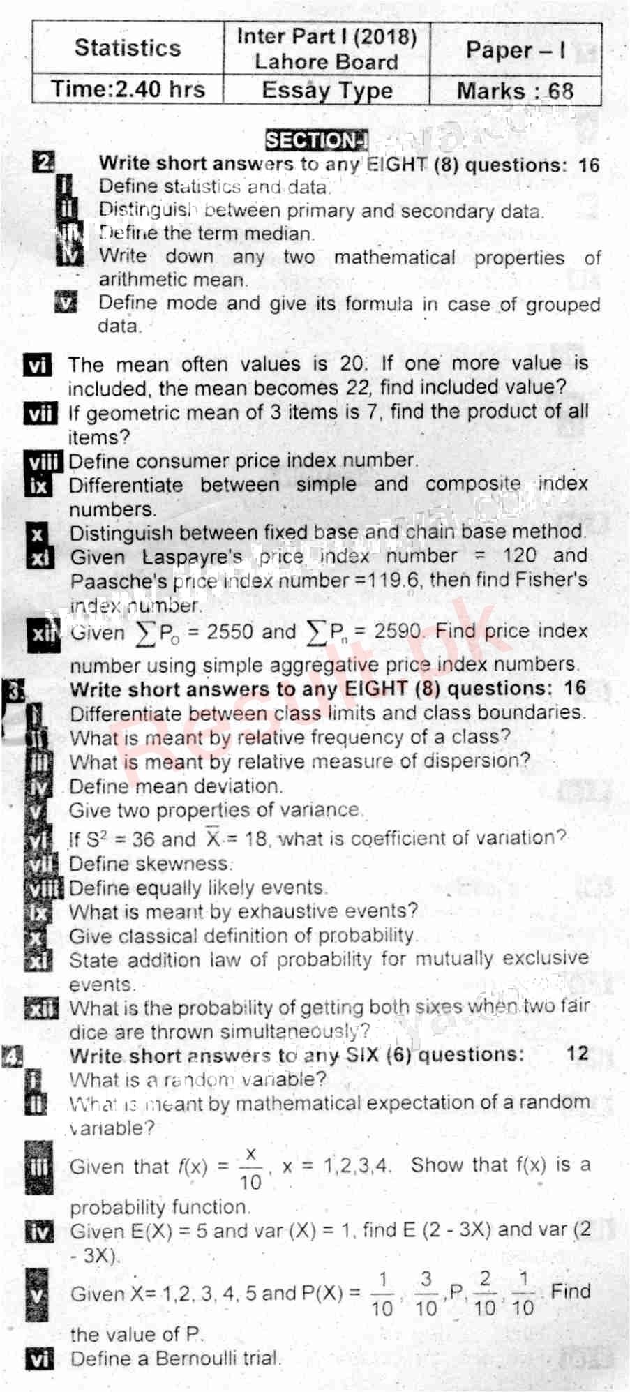 BISE Lahore Board Past Papers 2021 Inter Part 1 2, FA, HSSC, FSC ...