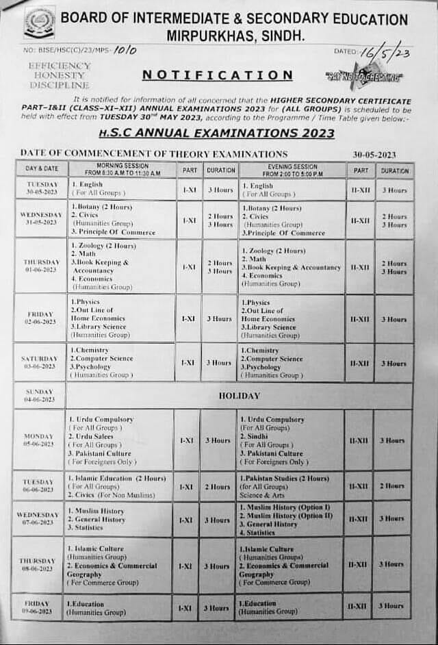 Inter Date Sheet 2023 BISE Hyderabad Board biseh Online