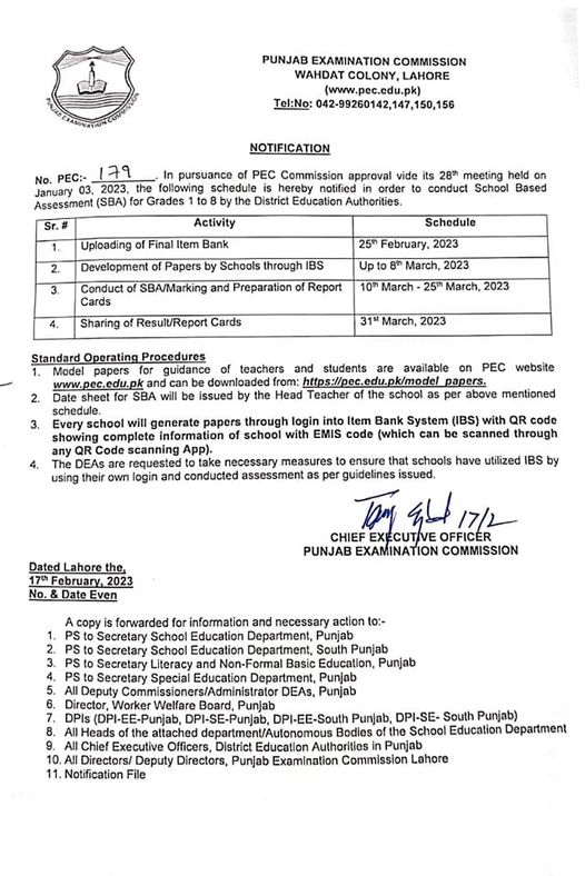 Punjab Education Commission Date Sheet 2024 pec Annual Supply Exams ...