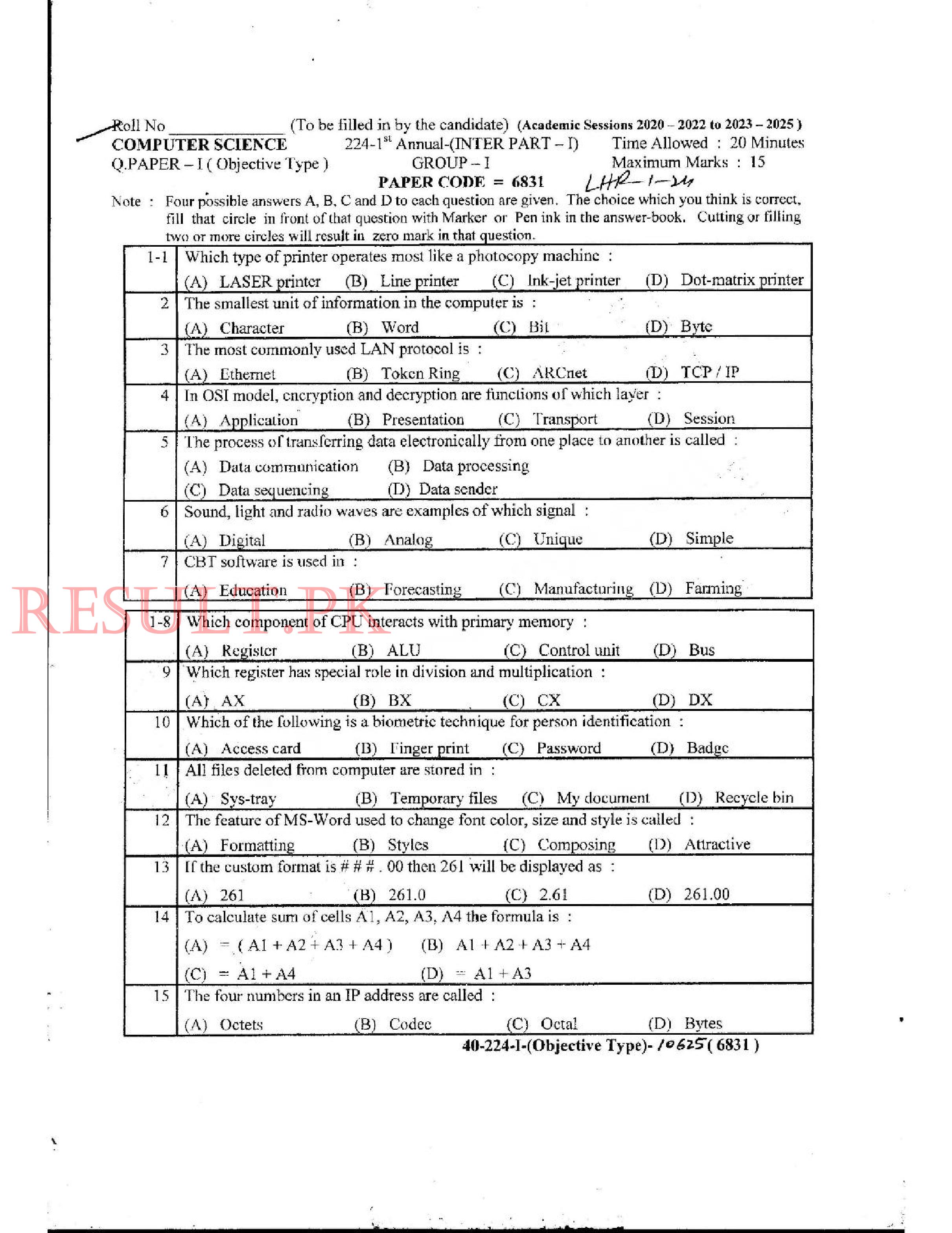 BISE Lahore Board Past Papers 2025 Inter Part 1 2, FA, HSSC, FSC ...